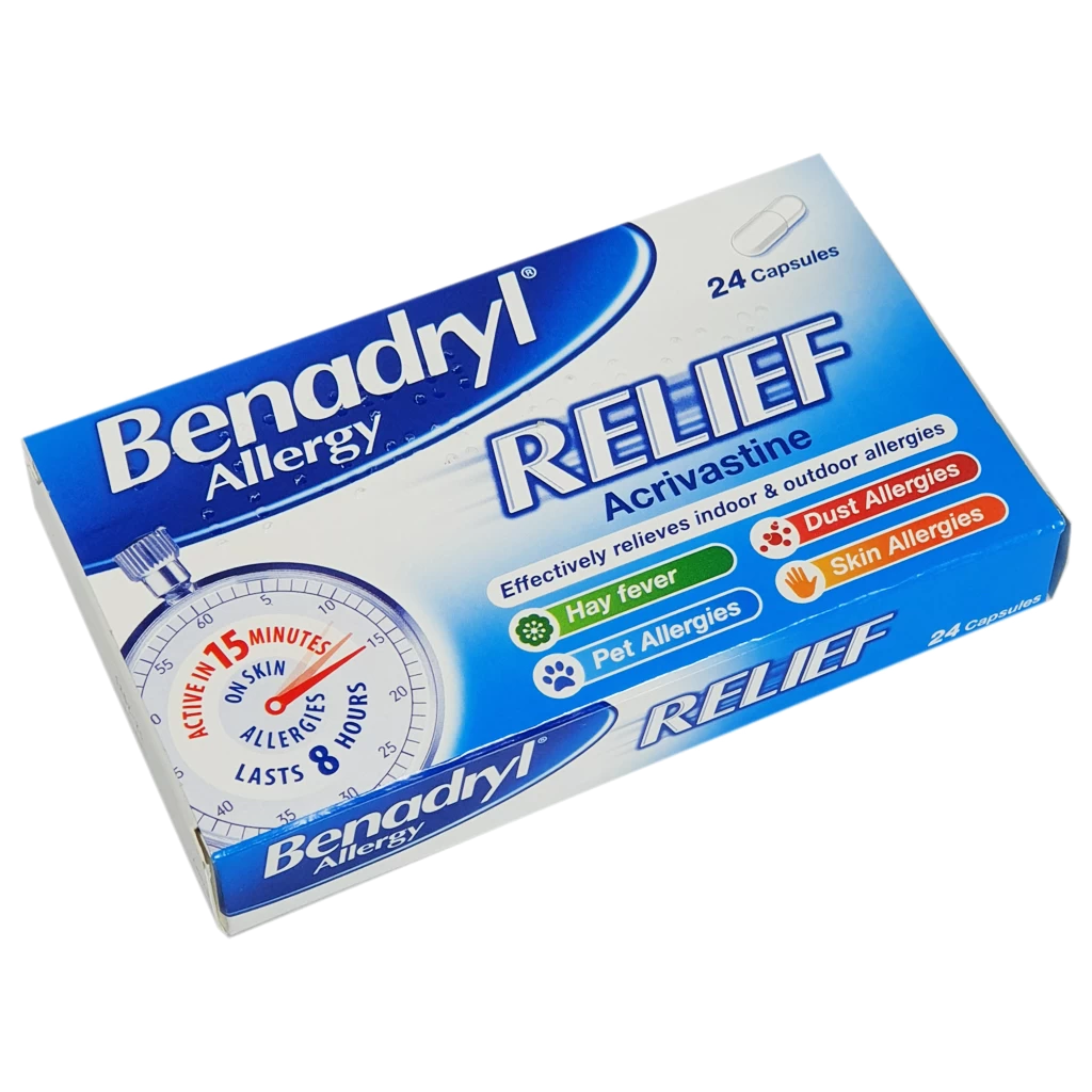 Benadryl Allergy Relief Capsules (Acrivastine 8mg) - 24 Capsules ...